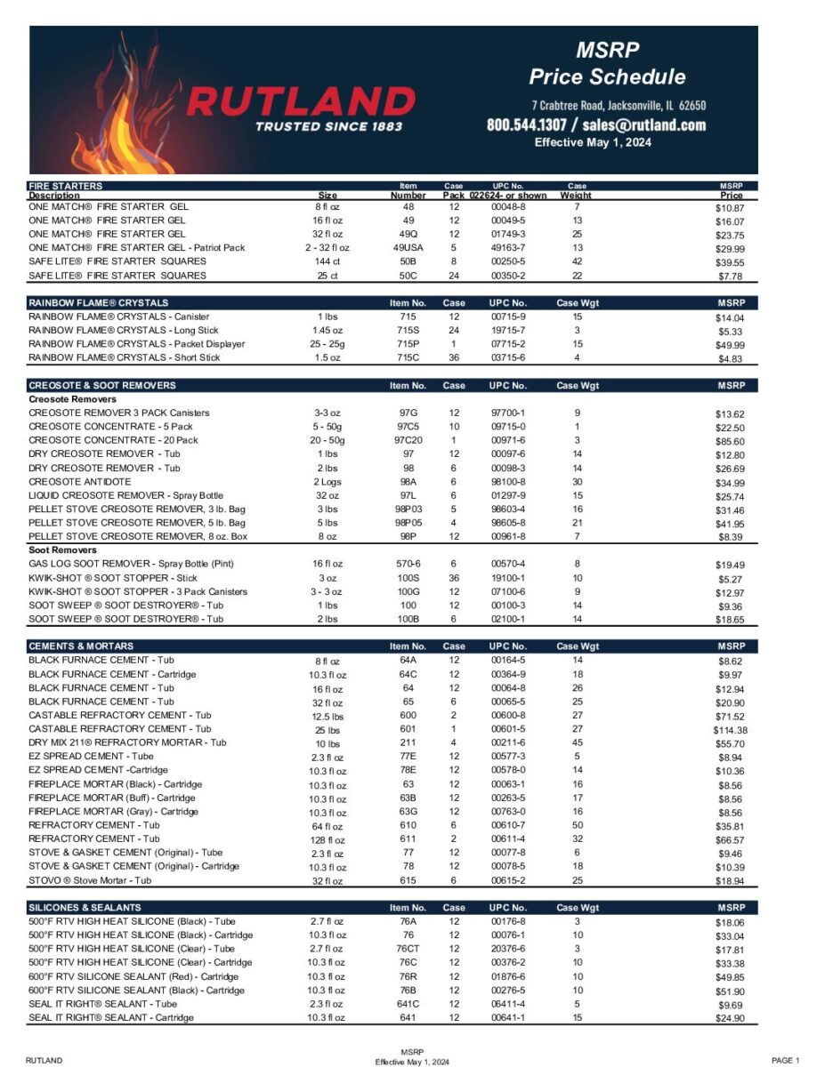 2024 Rutland Retail Price List – Effective May 1, 2024 – Eclipse Distributing